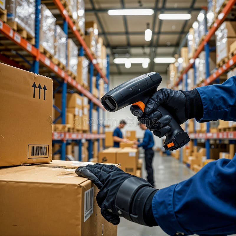 AI Illustration of a Warehouse Worker Scanning Boxes with Barcode ...