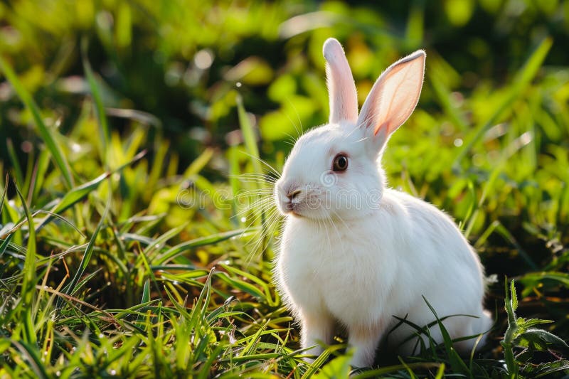 White Rabbit on Green Grass Stock Illustration - Illustration of farm ...