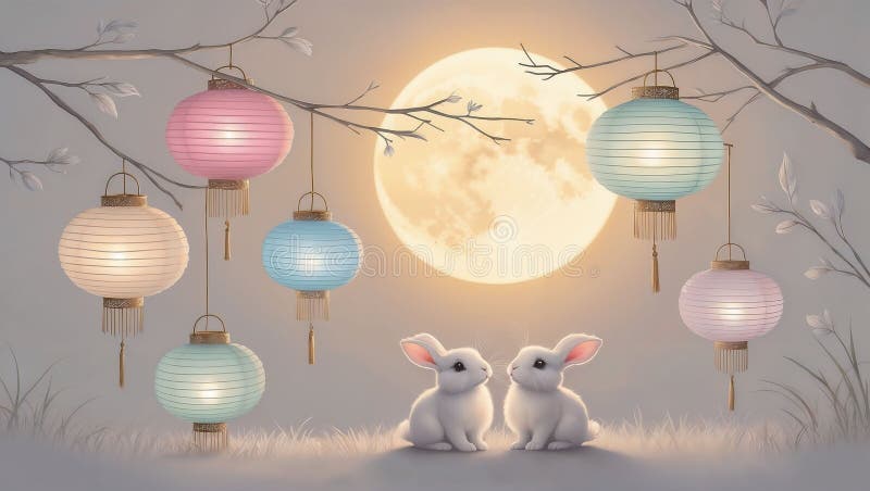 AI Illustration of White Rabbits Sit Under Lanterns and a Full Moon ...
