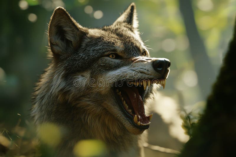 AI Illustration of a Wild Wolf Screaming with Blurry Sunny Forest in ...