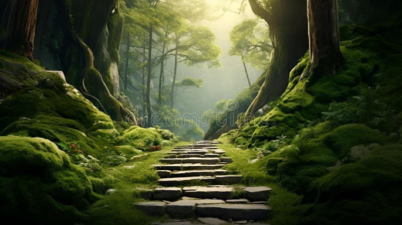 AI Illustration of a Winding Pathway Leads through a Lush Forest of ...