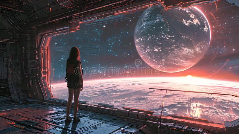 AI Illustration of a Young Female Stands in the Interior of a Spaceship ...