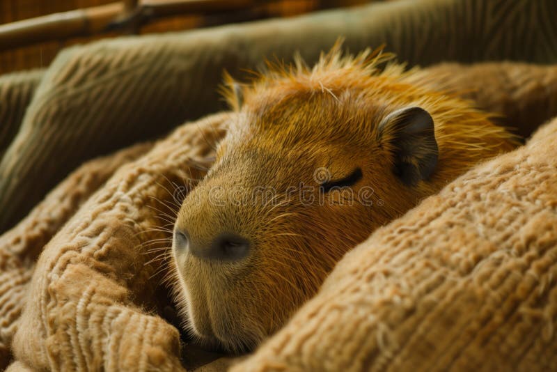 Cute Little Capybara Sleeping and Wrapping in Soft Wool Stock ...