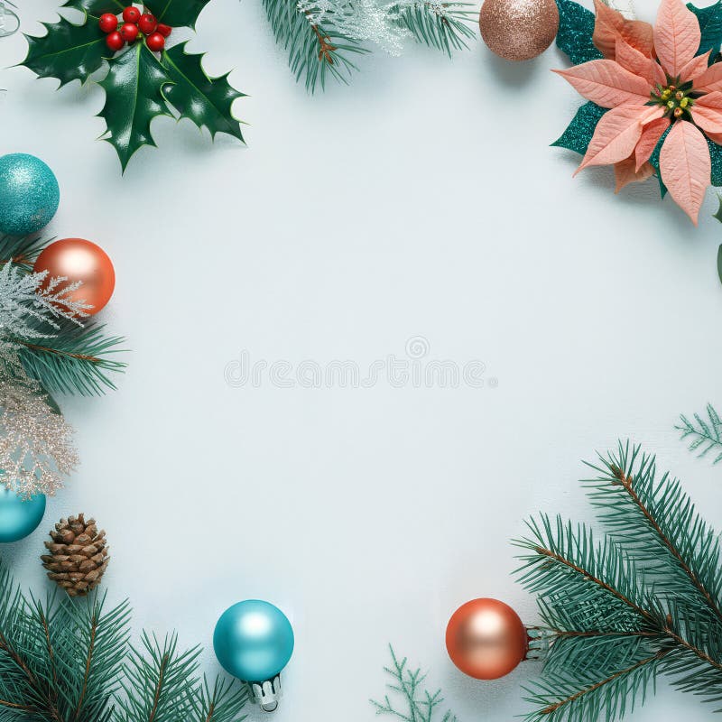 Christmas Foliage and Ornaments Frame a Blank White Space AI Stock ...