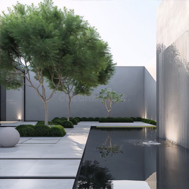 A Modern Minimalist Courtyard with a Reflecting Pool, Trees, and a ...