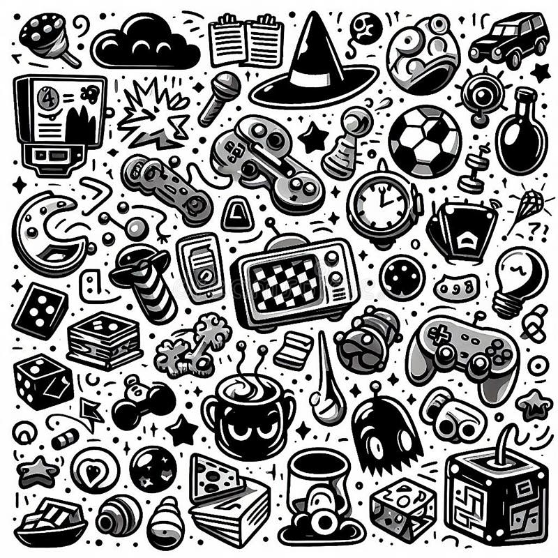 Ai Night Gaming Black and White Pattern Doodle Style Stock Illustration ...