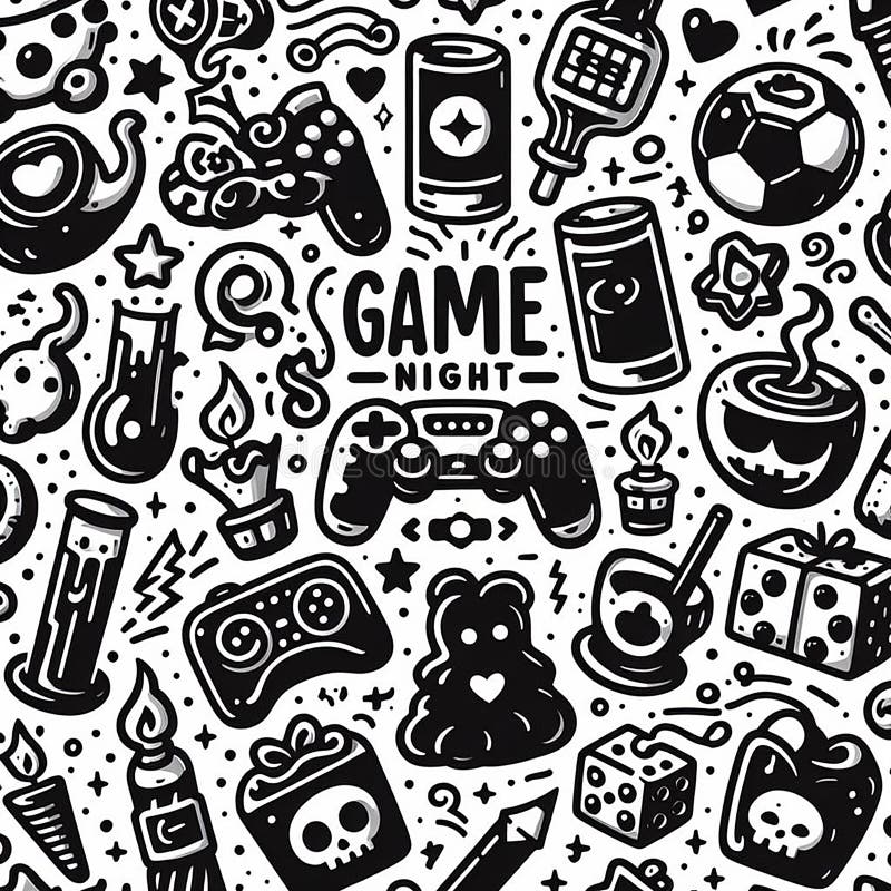 Ai Night Gaming Black and White Pattern Doodle Style Stock Illustration ...
