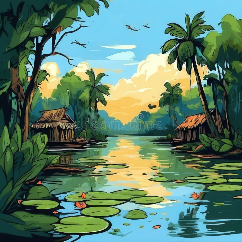 The AI Image Generator, Green Jungle with a River Running through Stock Illustration ...