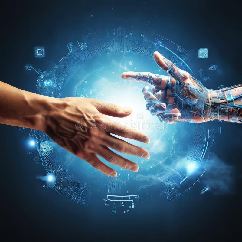The AI Image Generator, Hands of Human and Robot Touching Stock ...
