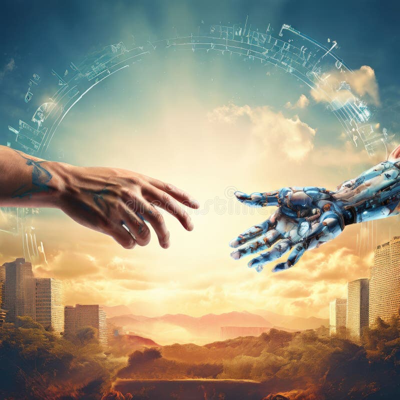 The AI Image Generator, Hands of Human and Robot Touching Stock ...