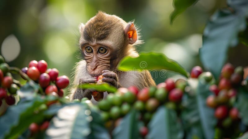 AI Image Generator of Monkey Eating Coffee Beans Stock Illustration ...
