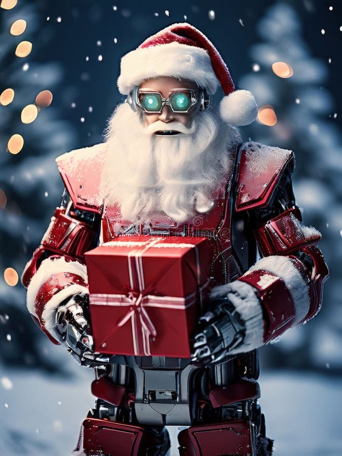 The AI Image Generator, Robot Dressed As Santa Claus Holding Gift Box ...