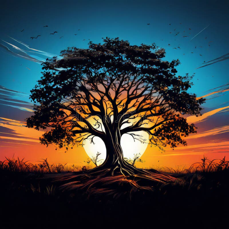 AI Image Generator, Sun Setting Behind Large Tree Stock Illustration ...