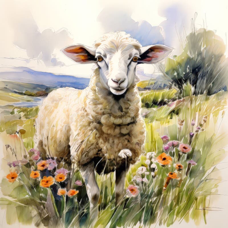 AI Image Generator, Tranquil Alpine Meadow with Grazing Sheep Stock ...