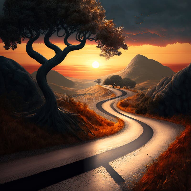 AI Image of Long and Winding Road into the Beautiful Sunrise Horizon ...