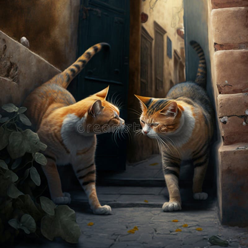 AI Image of Two Stray Cat Quarreling at the Dark Alley Street. Stock ...
