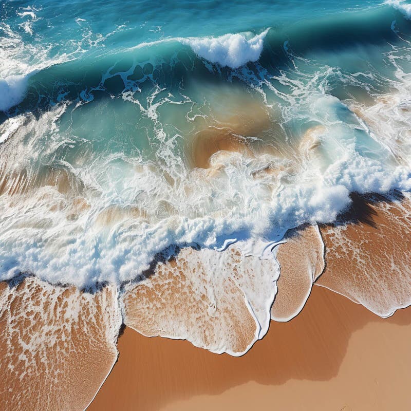 Ocean Beach Aerial Top Down View with Blue Water, Waves with Foam and ...
