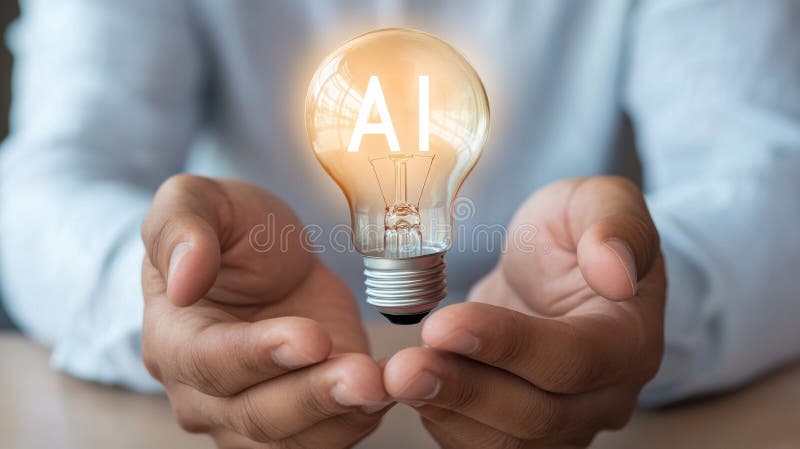 AI Innovation Concept with Hands Holding a Glowing Light Bulb ...