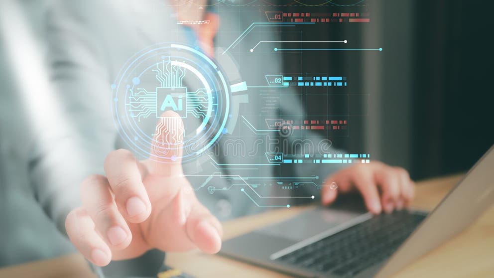 AI Innovation Interface with User Touching Virtual Light Bulb Icon ...