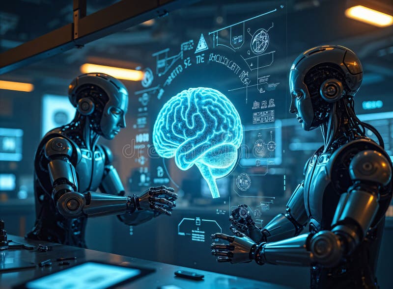 AI and Innovation: Robots Examining a Digital Brain Stock Illustration ...