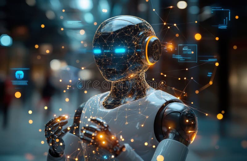 AI-inspired Robot with Glowing Face and Hands in Futuristic Digital ...
