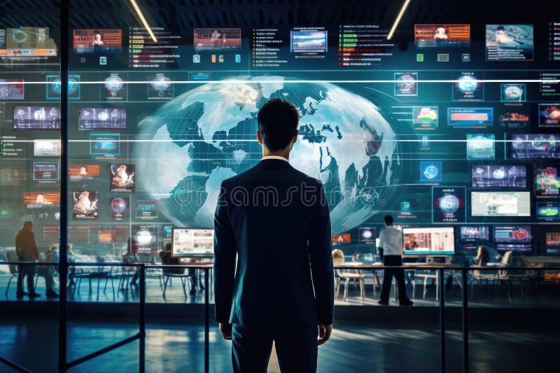 AI Interface on a Big Screen with an Endless Stream of Data, Symbols ...