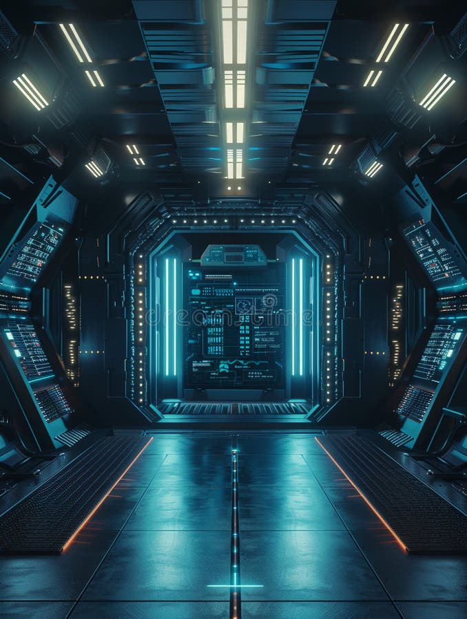 AI Interface Glowing, Dark Room, Central Perspective, Cold Blue Tones ...