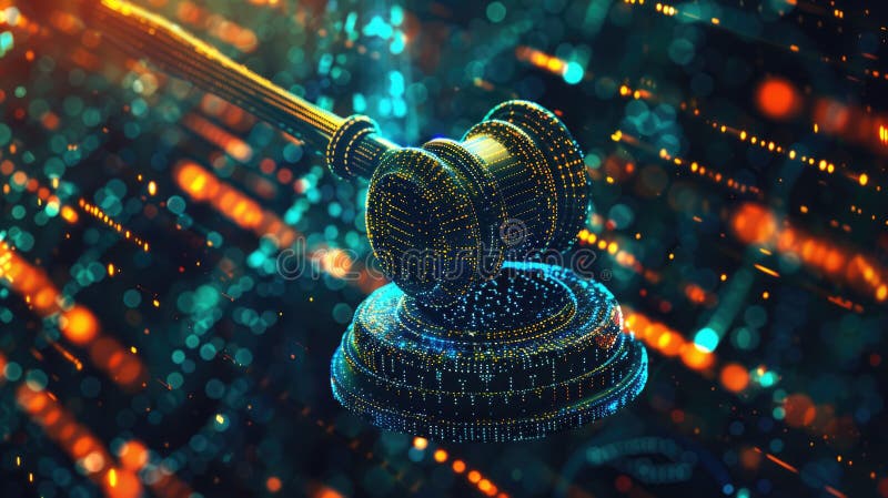 AI Justice Represented by a Digital Gavel, Surrounded by Data Patterns ...