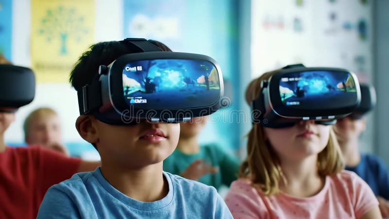 AI Kids Use VR Headsets in Classroom, Learning Together Stock Video ...