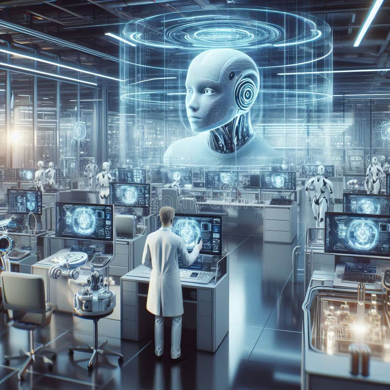 AI Laboratory with Robots and a Large Holographic Interface Stock Photo ...
