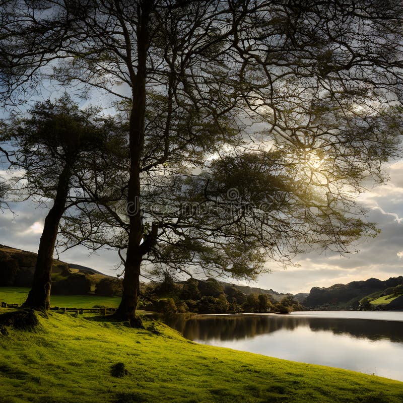 AI Lake and Trees Landscape with Backlight Stock Illustration ...