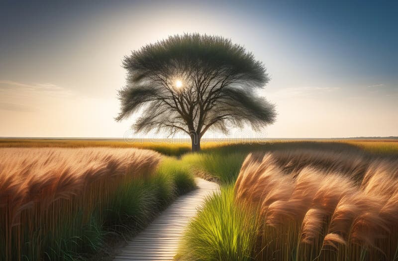 AI. Landscape. a Tranquil Path Leads To a Lone Tree Towering among a ...
