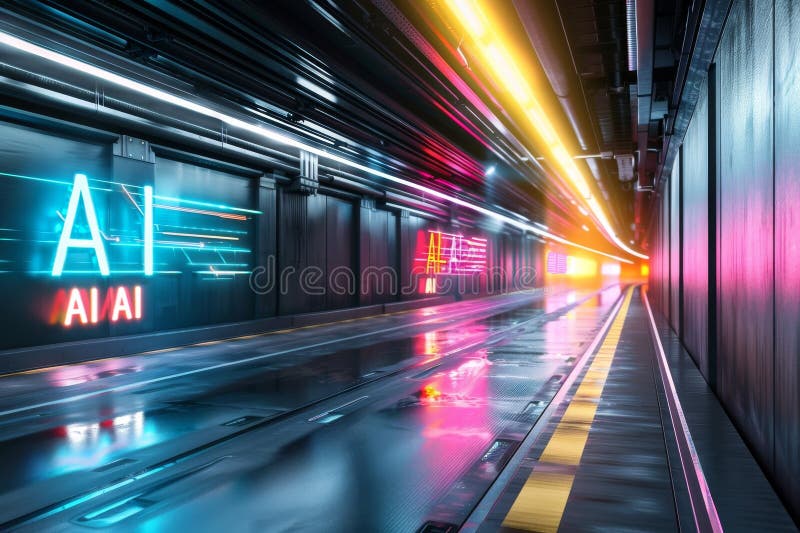 AI Light Trails in Futuristic Tunnel, Digital Art, Technology ...