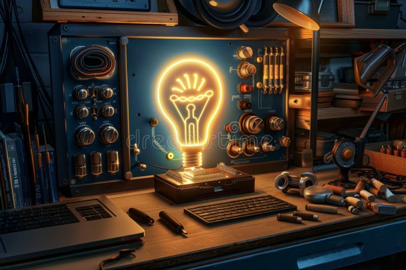 AI Lightbulb in a High Tech Workspace, Representing Advanced Technology ...
