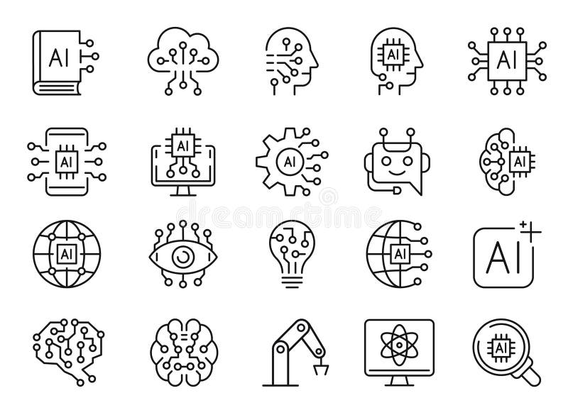 Ai Line Icons. Artificial Intelligence Linear Symbols with Brain, Chip and Robot, Computer Cloud ...