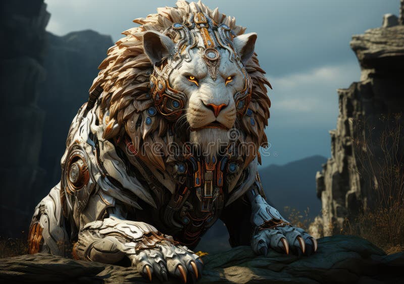 Ai Lion Cyborg in the Style of Baroque Sci-fi Stock Illustration ...