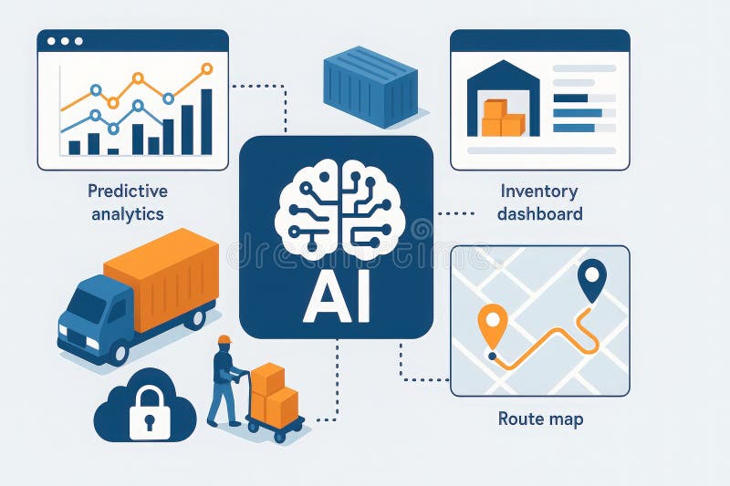 AI Logistics Illustration with Predictive Analytics, Dashboard, Route, and Security Stock ...