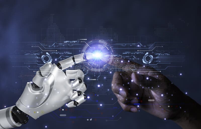 AI Machine Learning. Artificial Intelligence, 3D Illustration, Robot Hand and Human Hand ...