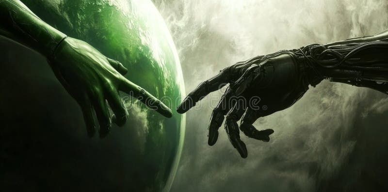 Robotic and Human Hands Touching a Big Data Network Connection ...