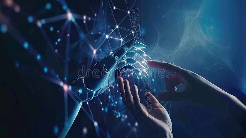 Human and Robotic Hand Interacting with Digital Network Stock ...