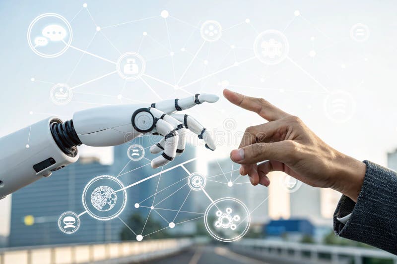 AI, Machine Learning, Hands of Robot and Human Touching on Big Data Network Connection ...