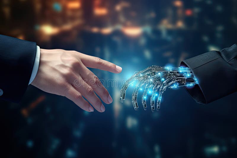 AI, Machine Learning, Hands of Robot and Human Touching on Big Data Network Connection ...