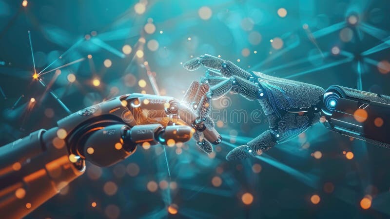 AI, Machine Learning, Hands of Robot and Human Touching on Big Data Network Connection ...