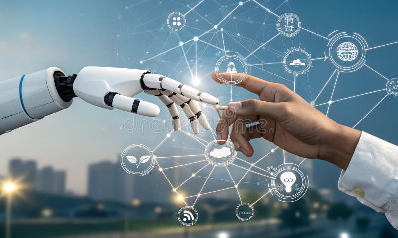 AI, Machine Learning, Hands of Robot and Human Touching AI: Human and ...