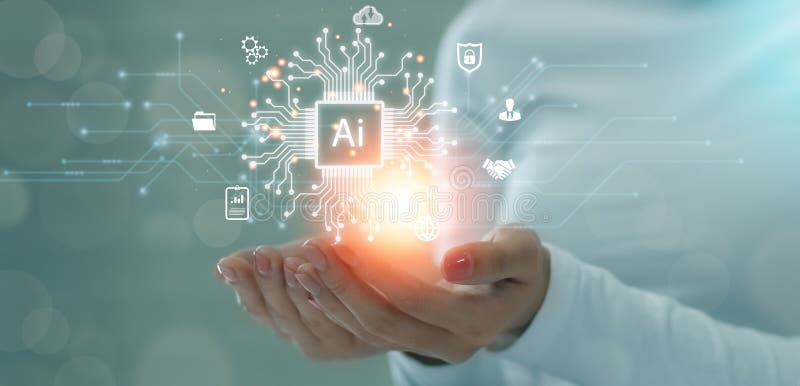 Ai Machine Learning Technology Concept. Woman Hold and Connecting with ...