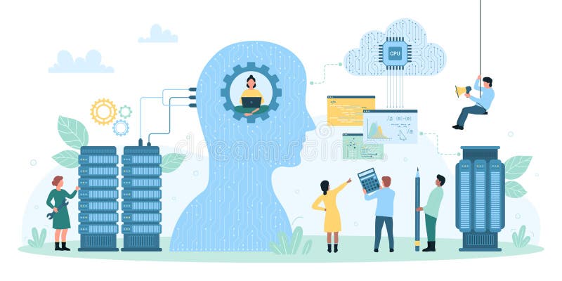 AI and Machine Learning, Tiny People Work with Algorithms and Codes, Neural Circuits Stock ...