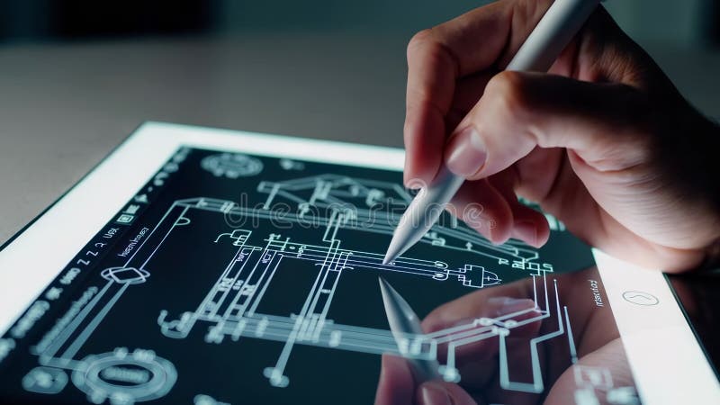 AI Man Hand Drawing Blueprint on Tablet Screen Stock Footage - Video of ...