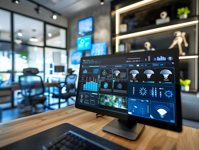 AI-Managed High-Tech Security Hub in Modern Office Stock Illustration ...