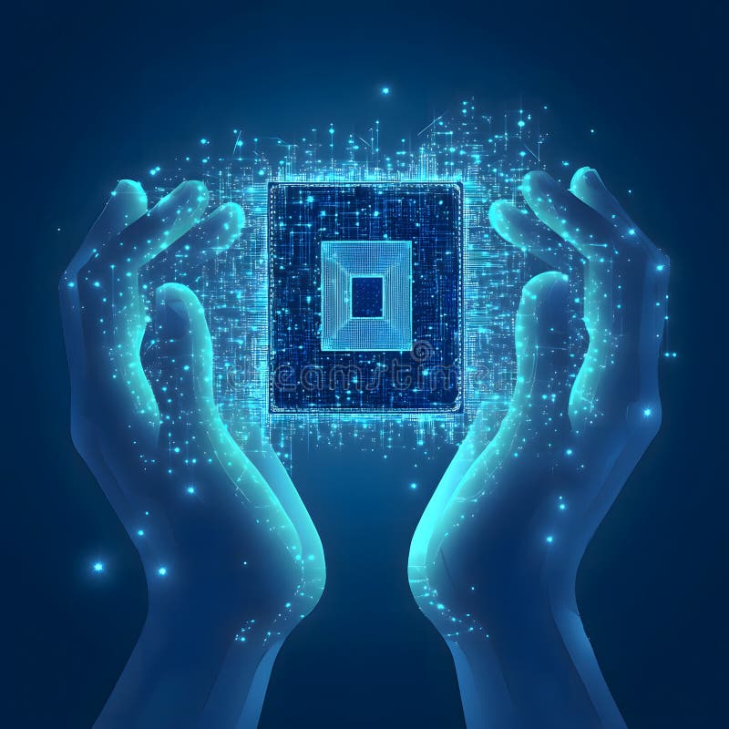 AI Microchip with Circuit Elements. Wireframe Human Hands Holding Light ...