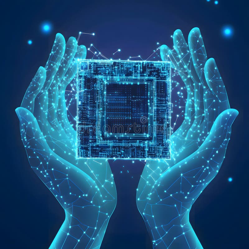 AI Microchip with Circuit Elements. Wireframe Human Hands Holding Light ...